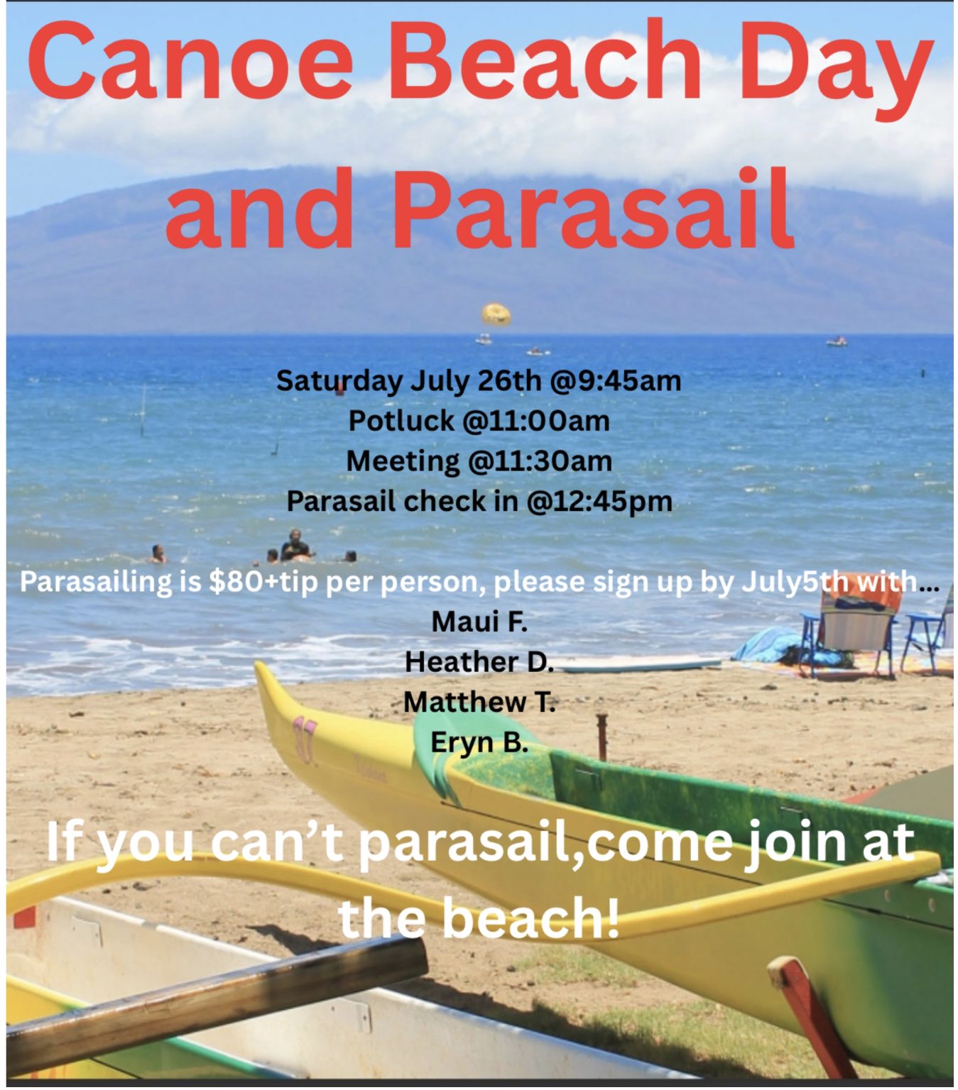 Maui- Canoe Beach Day and Parasailing / July 26, 2025 / Narcotics Anonymous Hawai'i